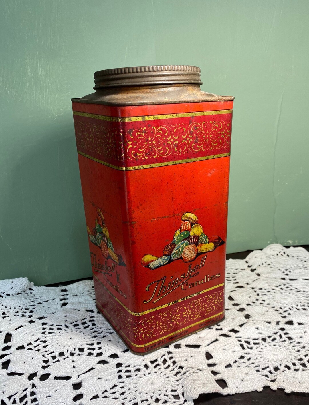 Antique Deco Thinshell CANDIES TIN Store Display BOX Red Large Gorgeous ...