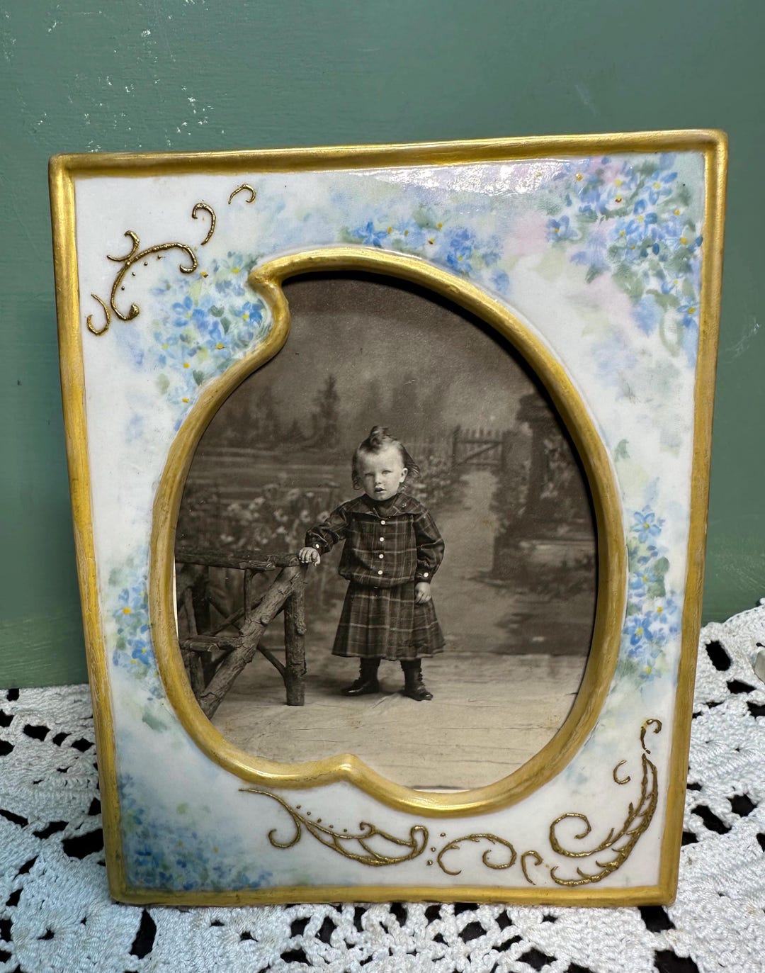 Antique French FRAME Porcelain Delicate Flowers Blue Frame Gorgeous ...