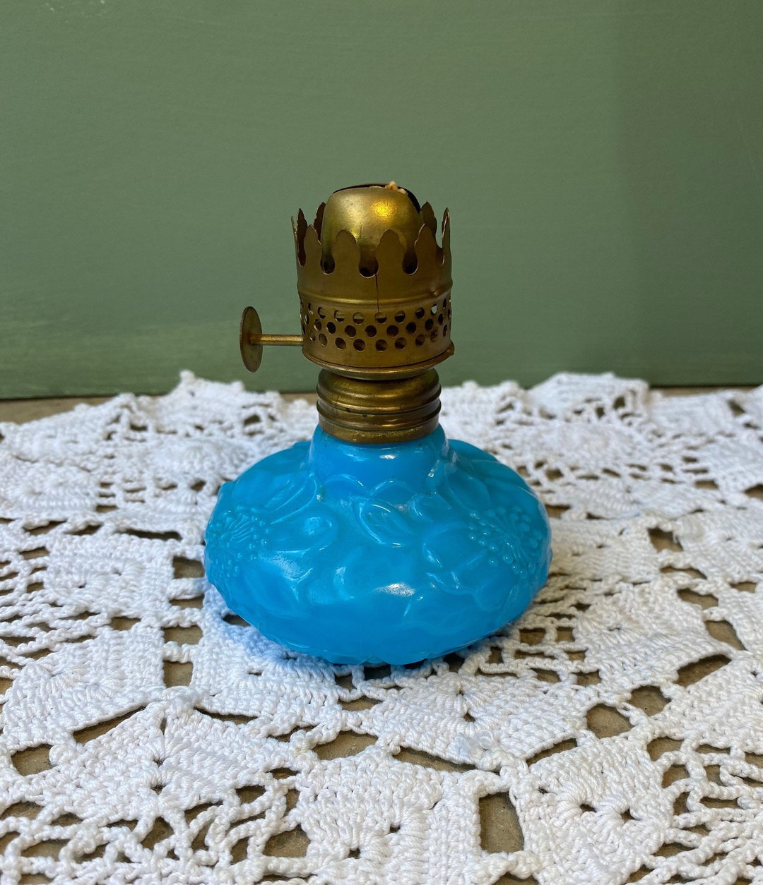 Antique Mini Miniature OIL LAMP Poppies Leaves With Opaline Delphite ...