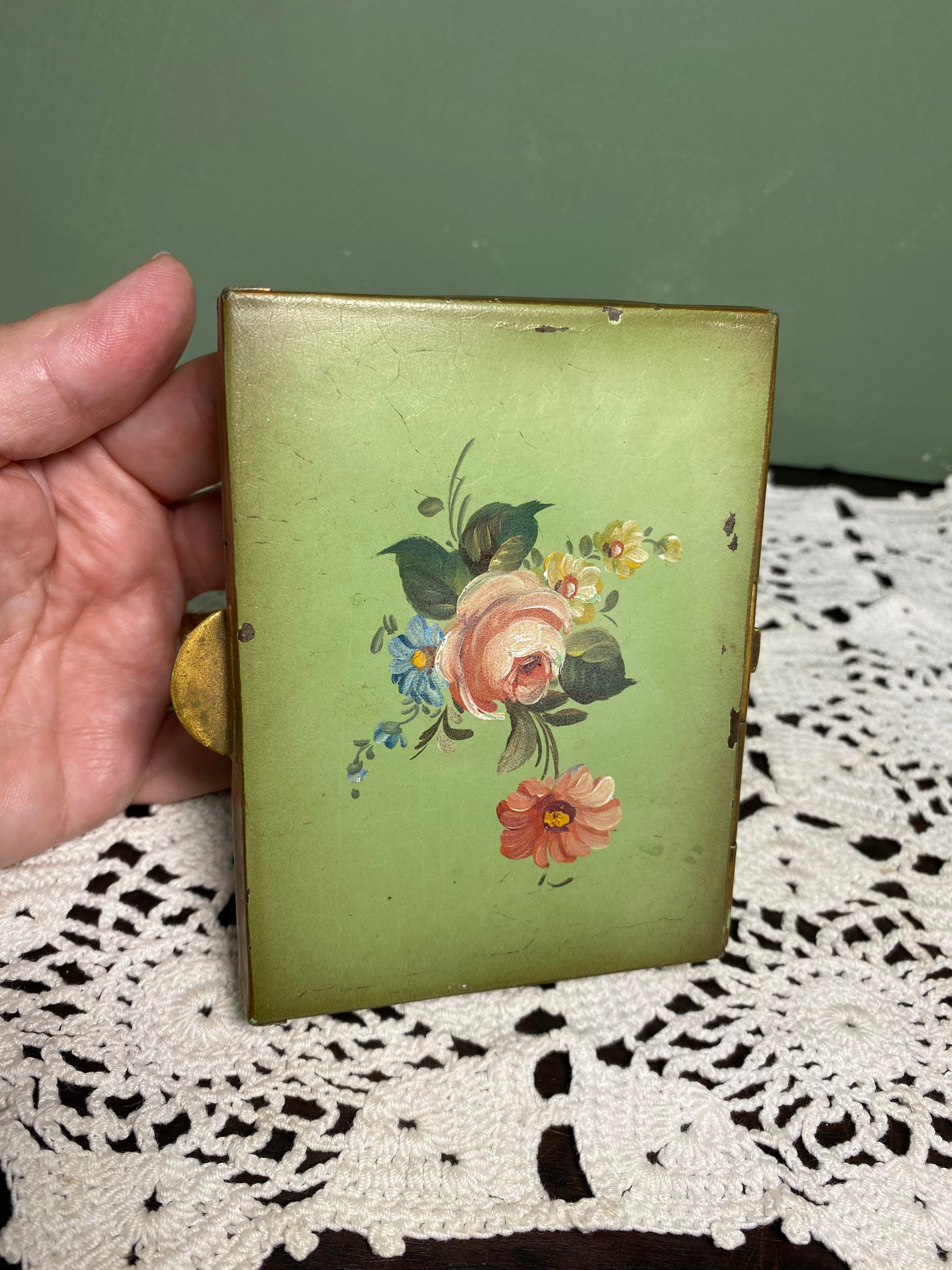 Antique Metal BOX Tole Hand Painted TIN Gorgeous Floral Dresser ...