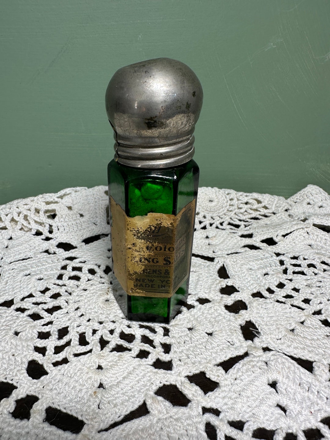 Antique Art Glass Green BATH SALTS Bottle Stopper Lavender Perfume ...