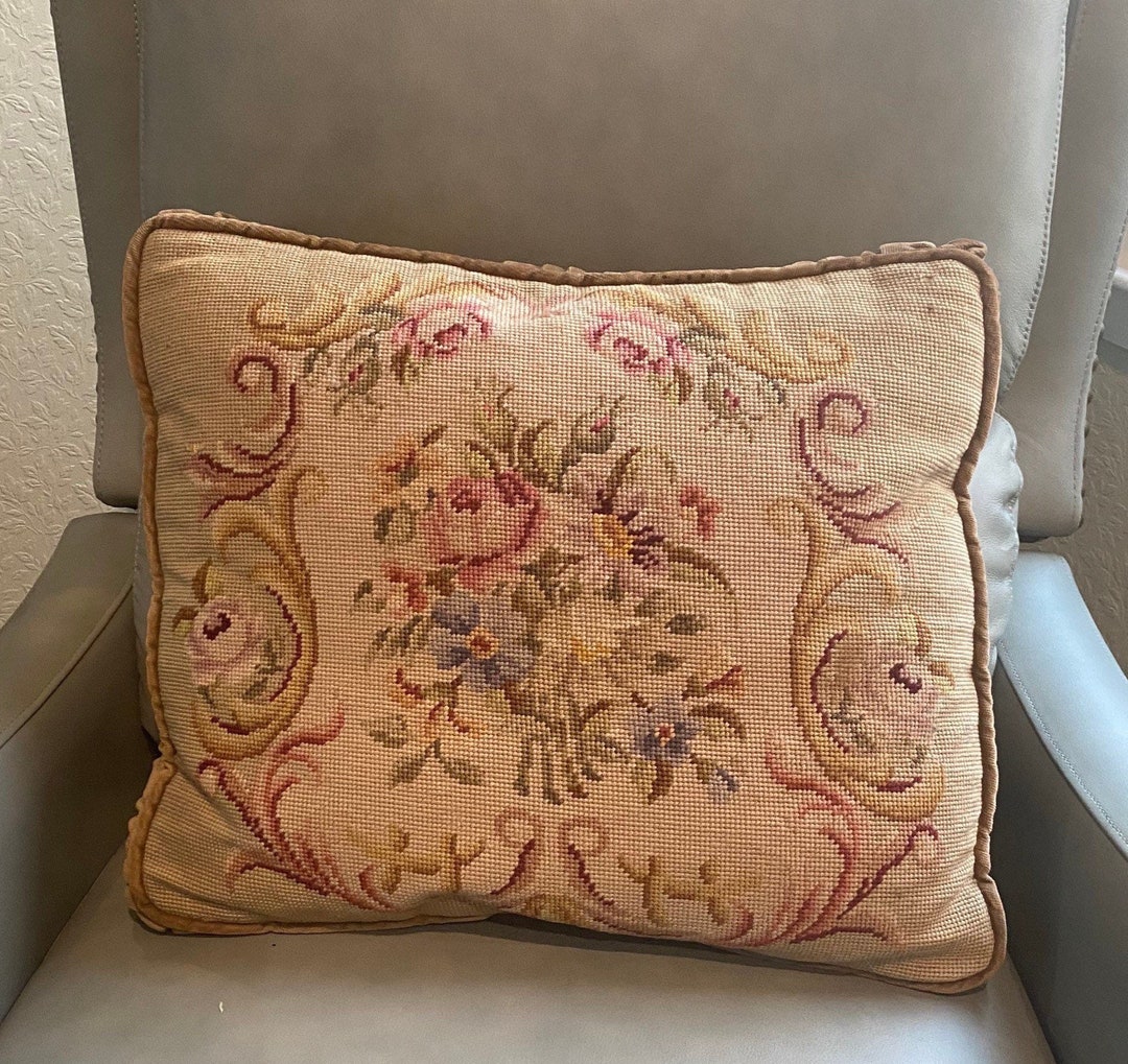 Antique French PILLOW Large Needlepoint Velvet Pleated Cabbage Roses ...