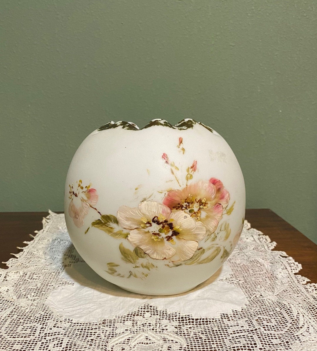 Antique Large ROSEBOWL VASE Custard Art Glass Victorian Hand Painted ...