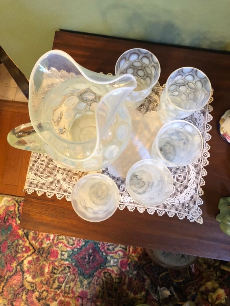 Vintage Fenton Opalescent Coin Spot Dot Pitcher and 5 Tumblers Glass ...