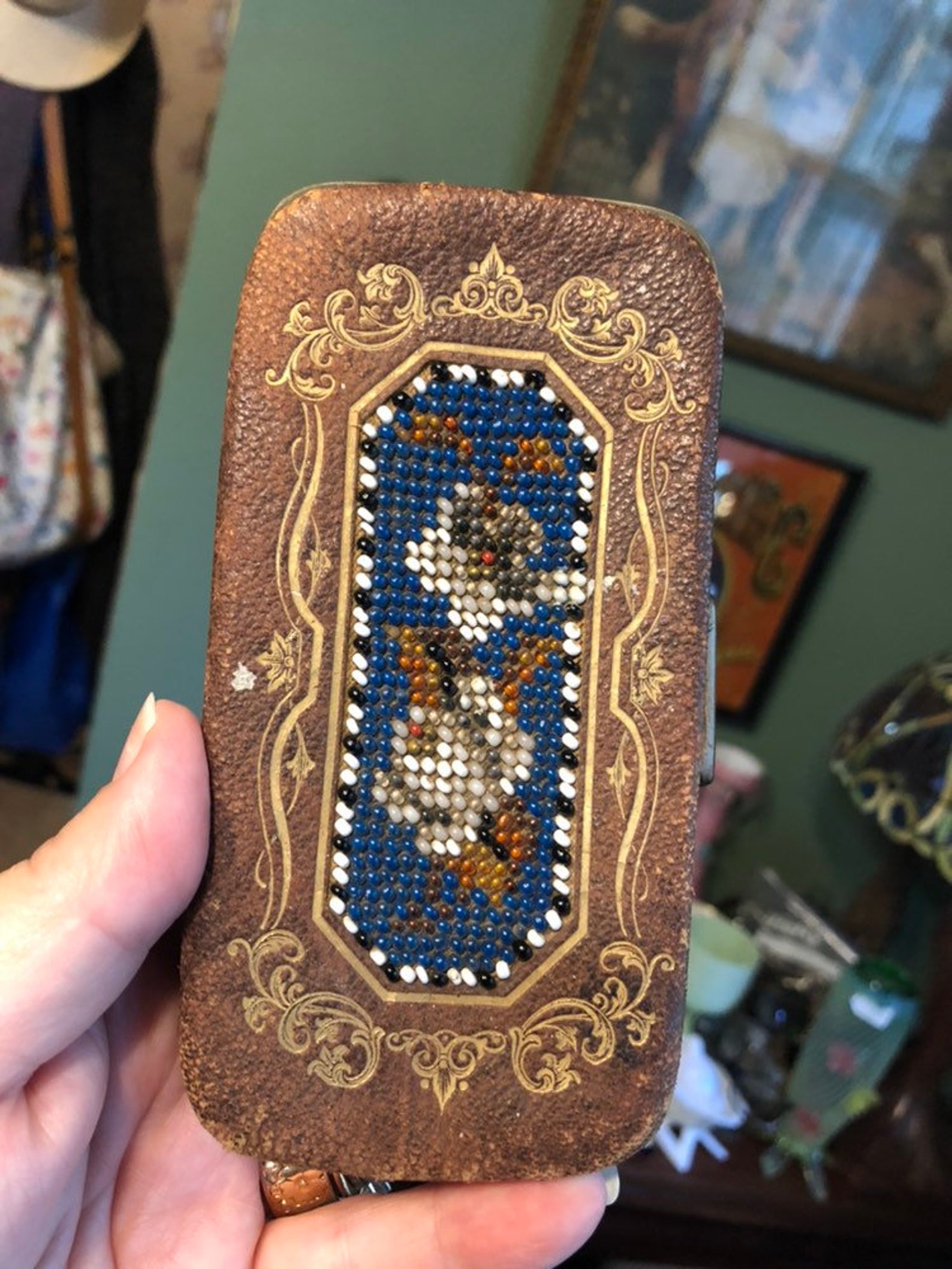 Antique Leather BEADED Eyeglass Compact Makeup Cigarette CASE Womens ...