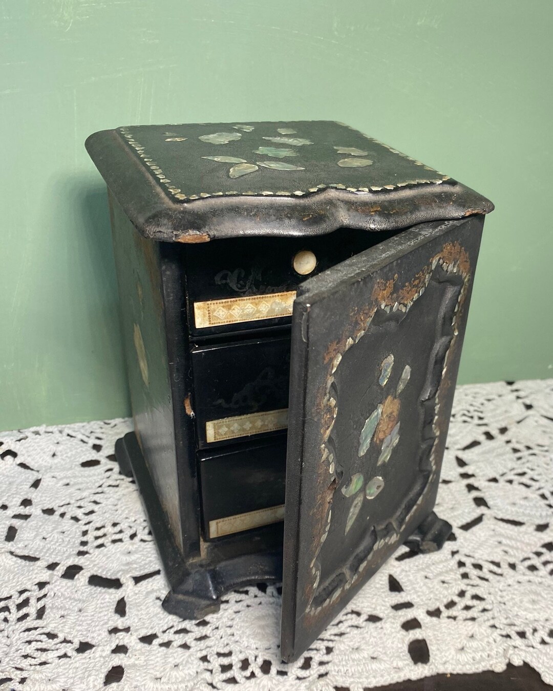 Antique BOX Abalone MOP Inlay Victorian Dresser Drawers CHEST Safe Wood ...