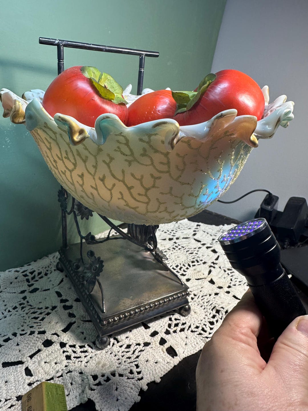 Victorian FRUIT BOWL Webb Rainbow Striped Coraline Satin Cut and Curled ...