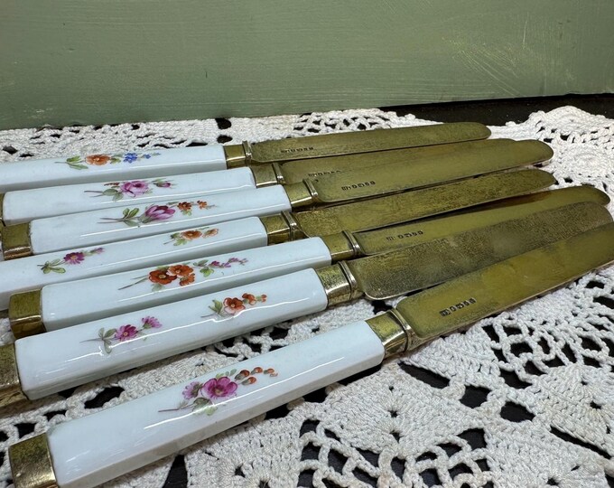 Victorian PORCELAIN Handles Knife Sterling Silver Cutlery Company Set ...