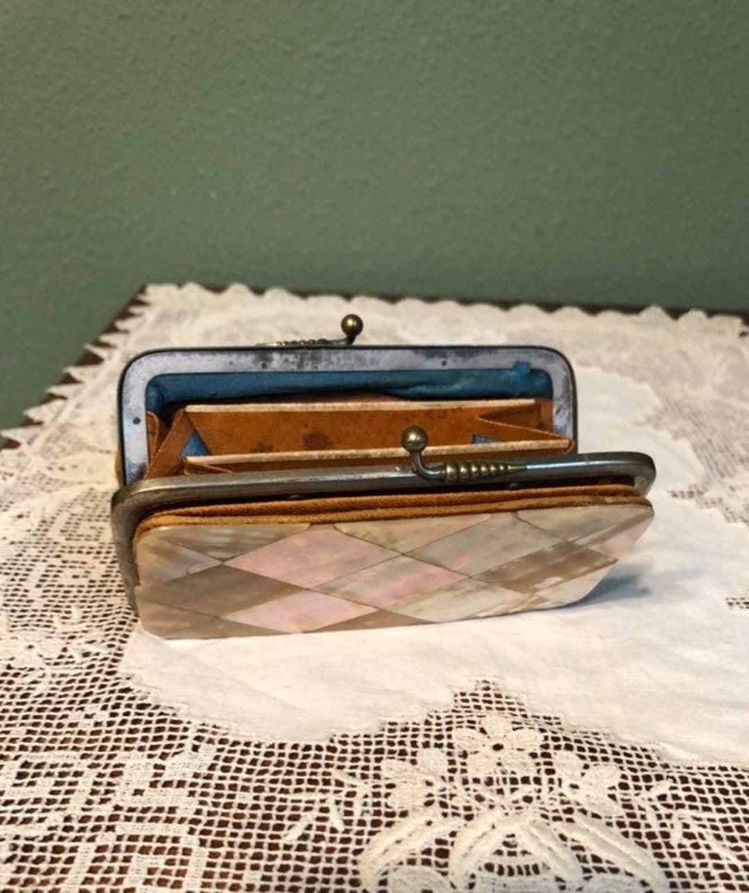 Antique Edwardian Mother of Pearl WALLET Coin Change Purse Tablet ...