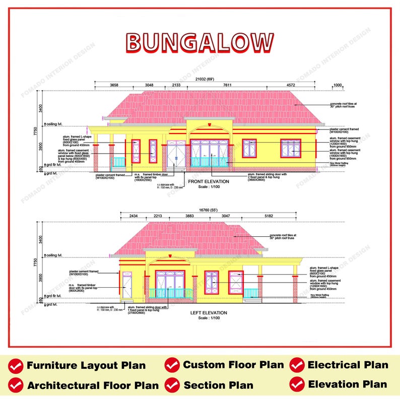 Custom 2D Exterior Elevation Plan, Material Details (digital Product ...