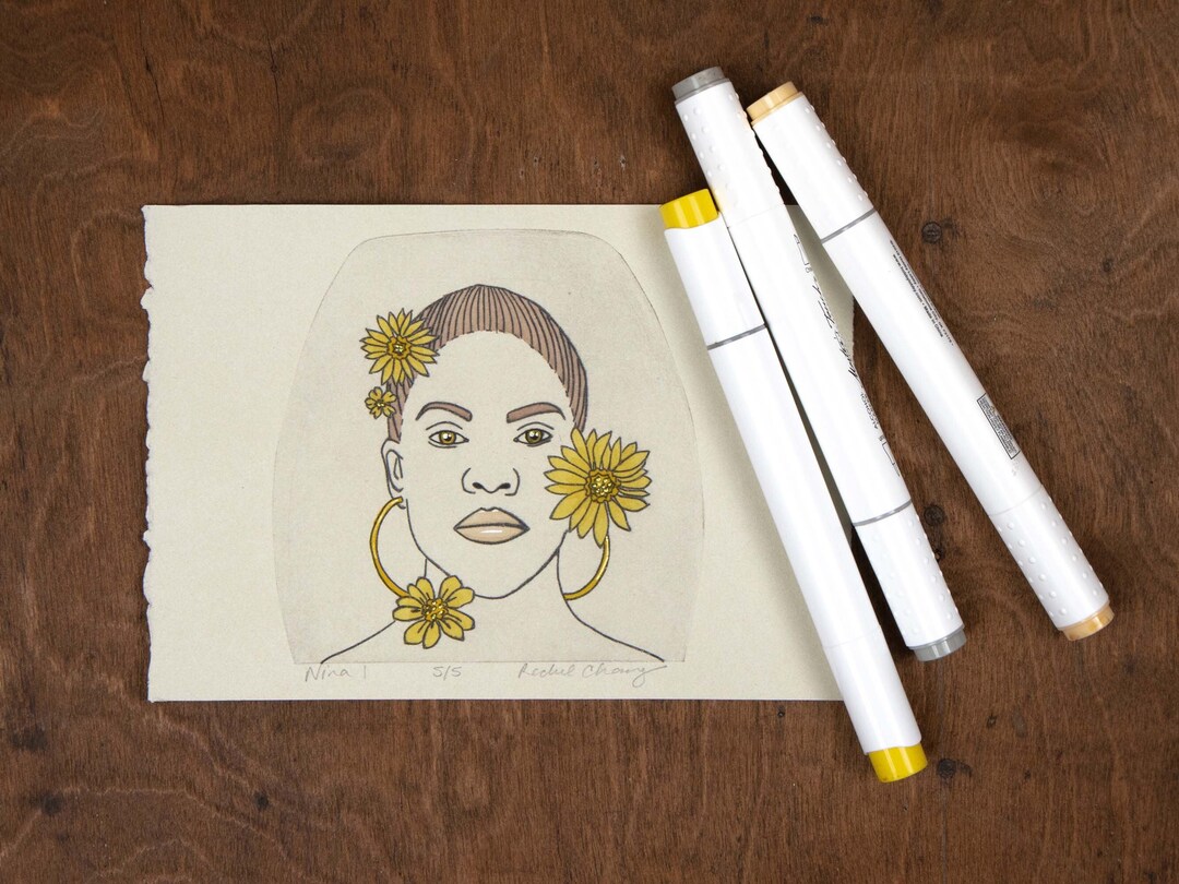 NINA yellow Etching Print, Female Line Art, Minimalist Print, Hippie ...