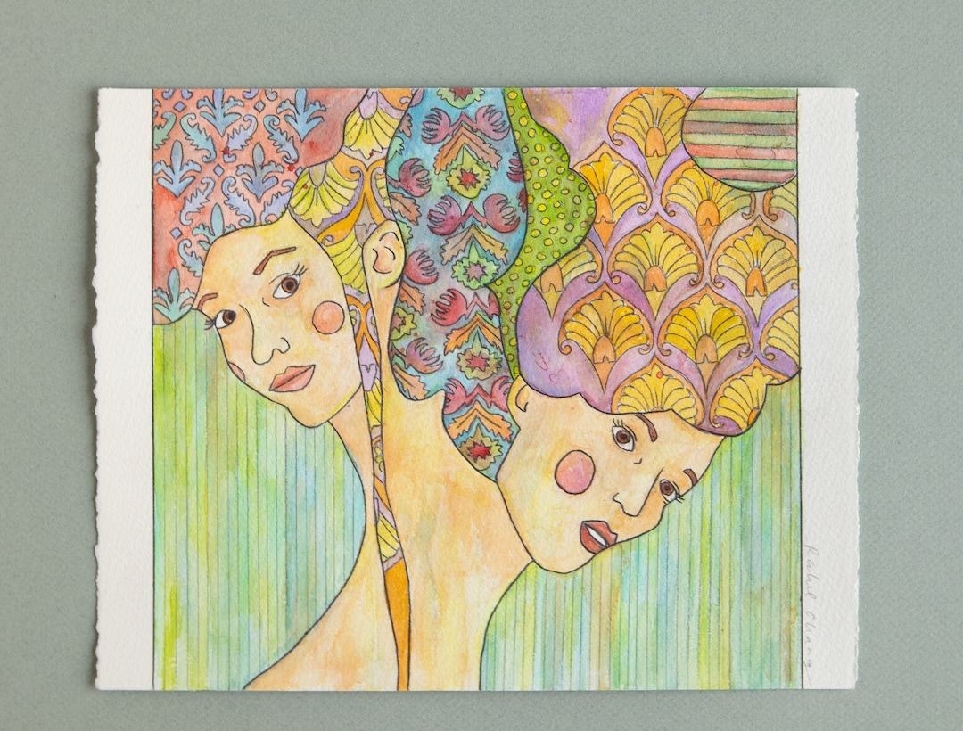 Conjoined Twins Painting, Girly Wall Decor, Weird Portrait Illustration ...