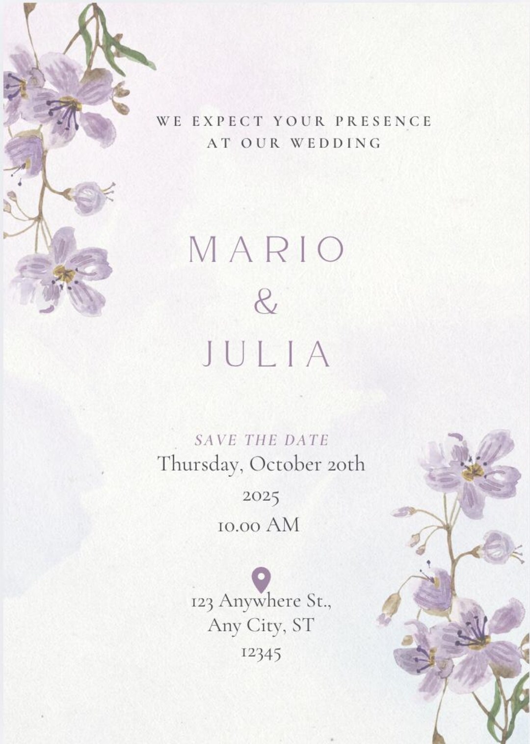 Lavender Floral Wedding Invitation Template, Purple Watercolor (canva ...