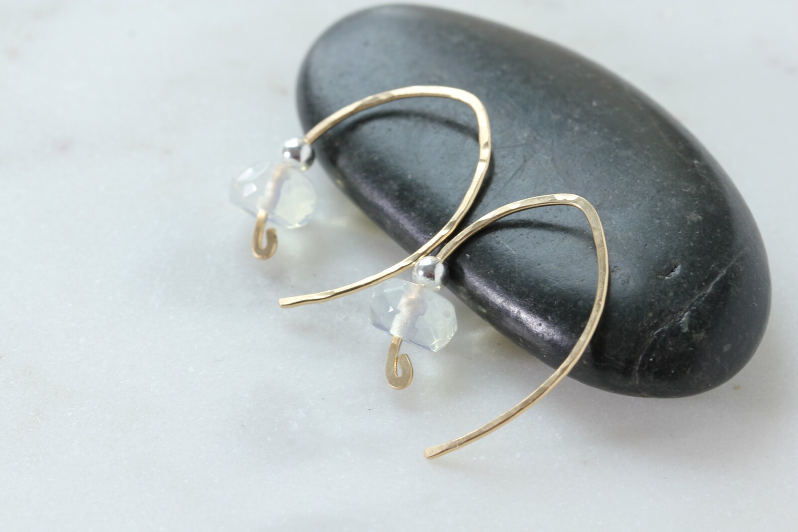 14 K Gold Filled / Small Threader / Opalite Earrings / Hammered Gold ...