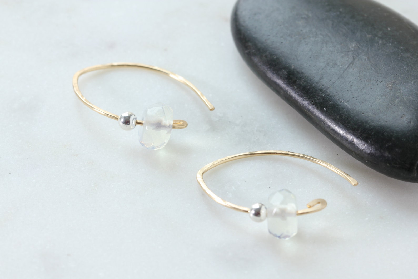 14 K Gold Filled / Small Threader / Opalite Earrings / Hammered Gold ...