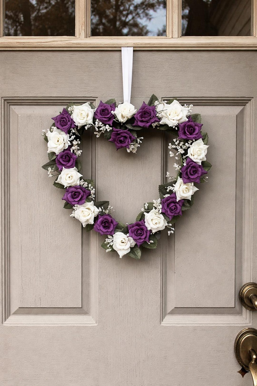 Purple & White Rose Heart Wreath, Romantic Floral Door Decor, Valentine ...