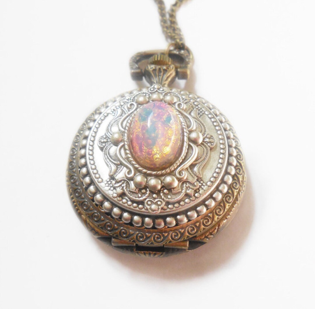 Pocket Watch Locket Style Necklace Pink Fire Opal Pocket Watch Necklace ...
