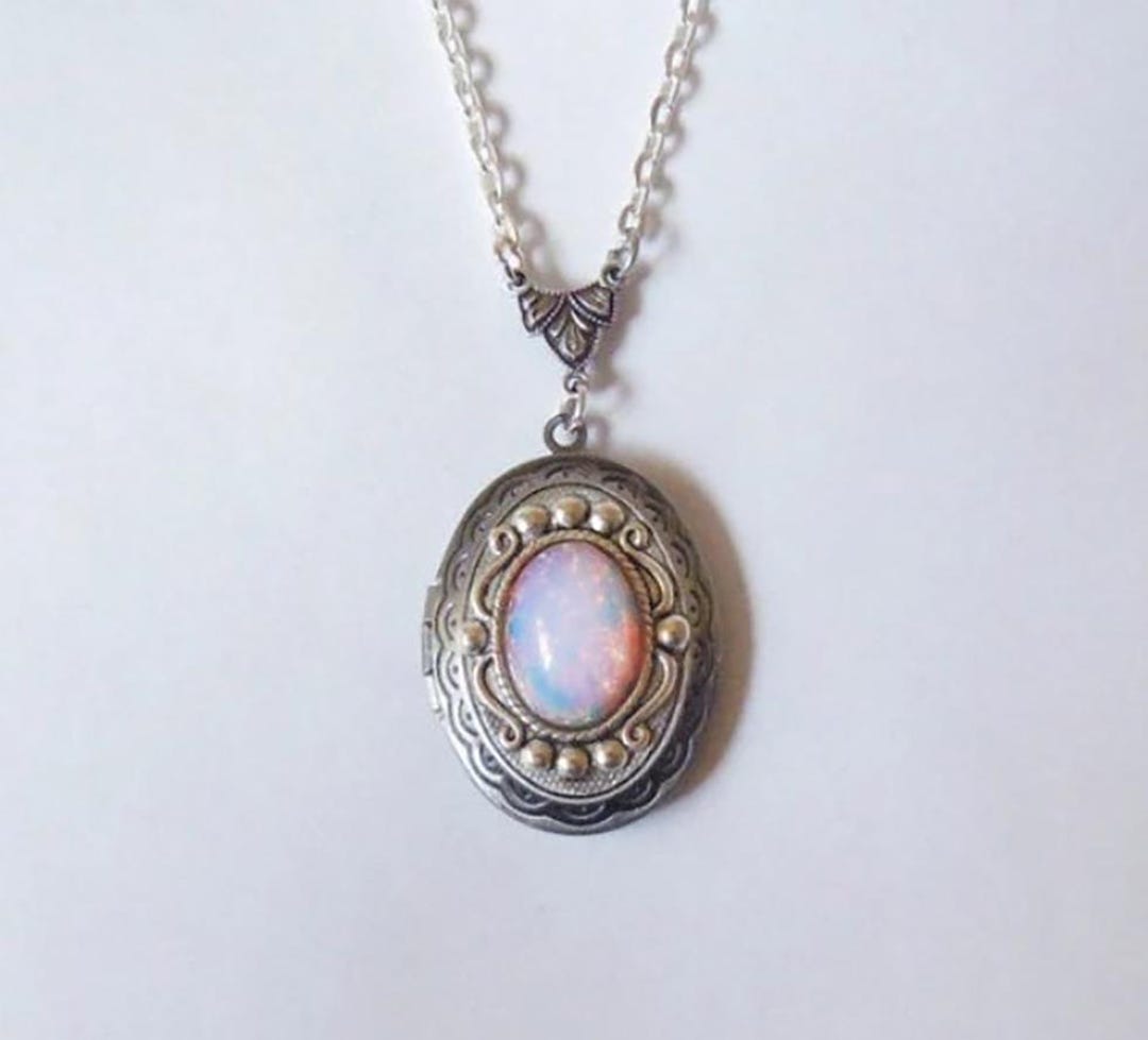 Silver Oval Locket. Pink Fire Opal Necklace. Photo Locket. Opal Locket ...