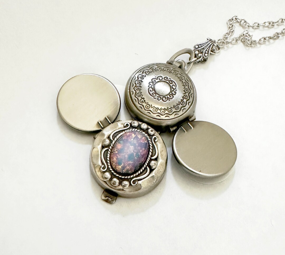 Four Photo Locket. Pink Fire Opal Locket. 4 Photo Locket Necklace ...
