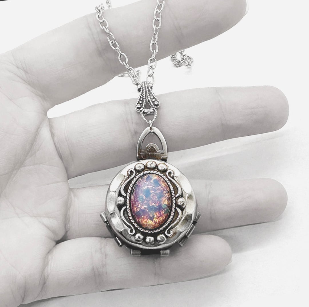 Four Photo Locket. Pink Fire Opal Locket. 4 Photo Locket. Silver Locket ...
