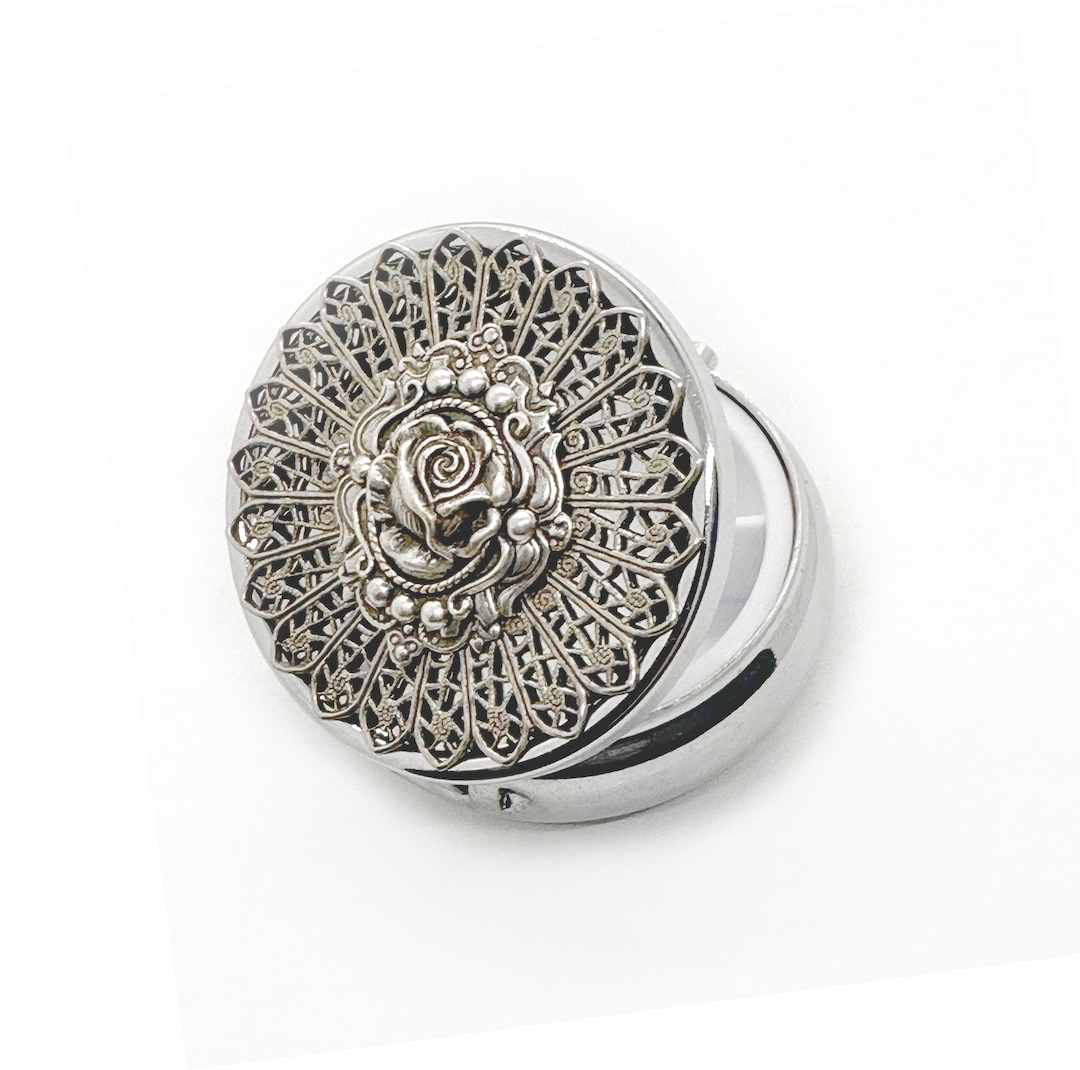 Antique-style Silver Rose Pill Box, Elegant Victorian-style Medication ...
