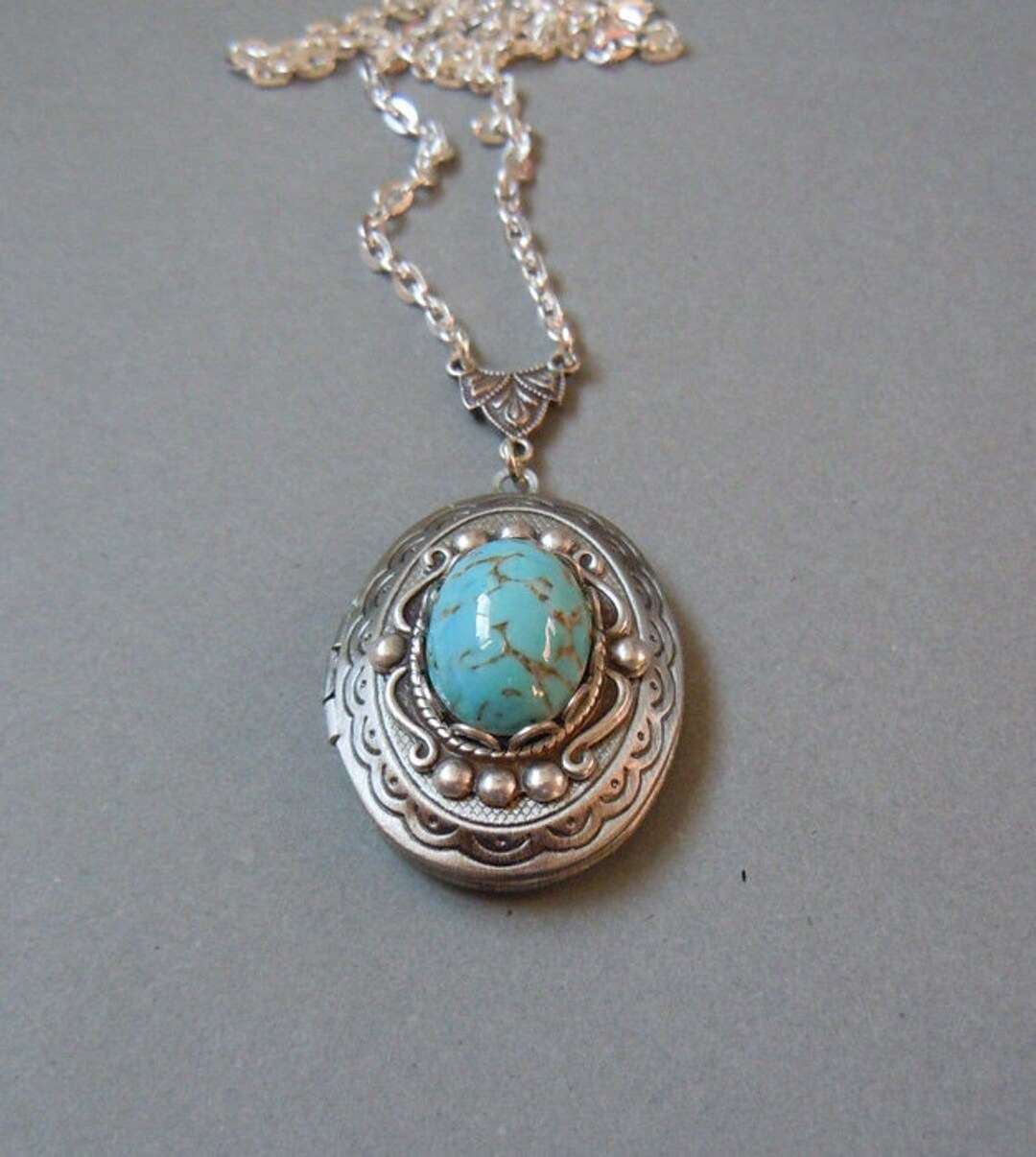 Turquoise Locket. Robins Egg, Turquoise Cabs in Oval Silver Locket ...