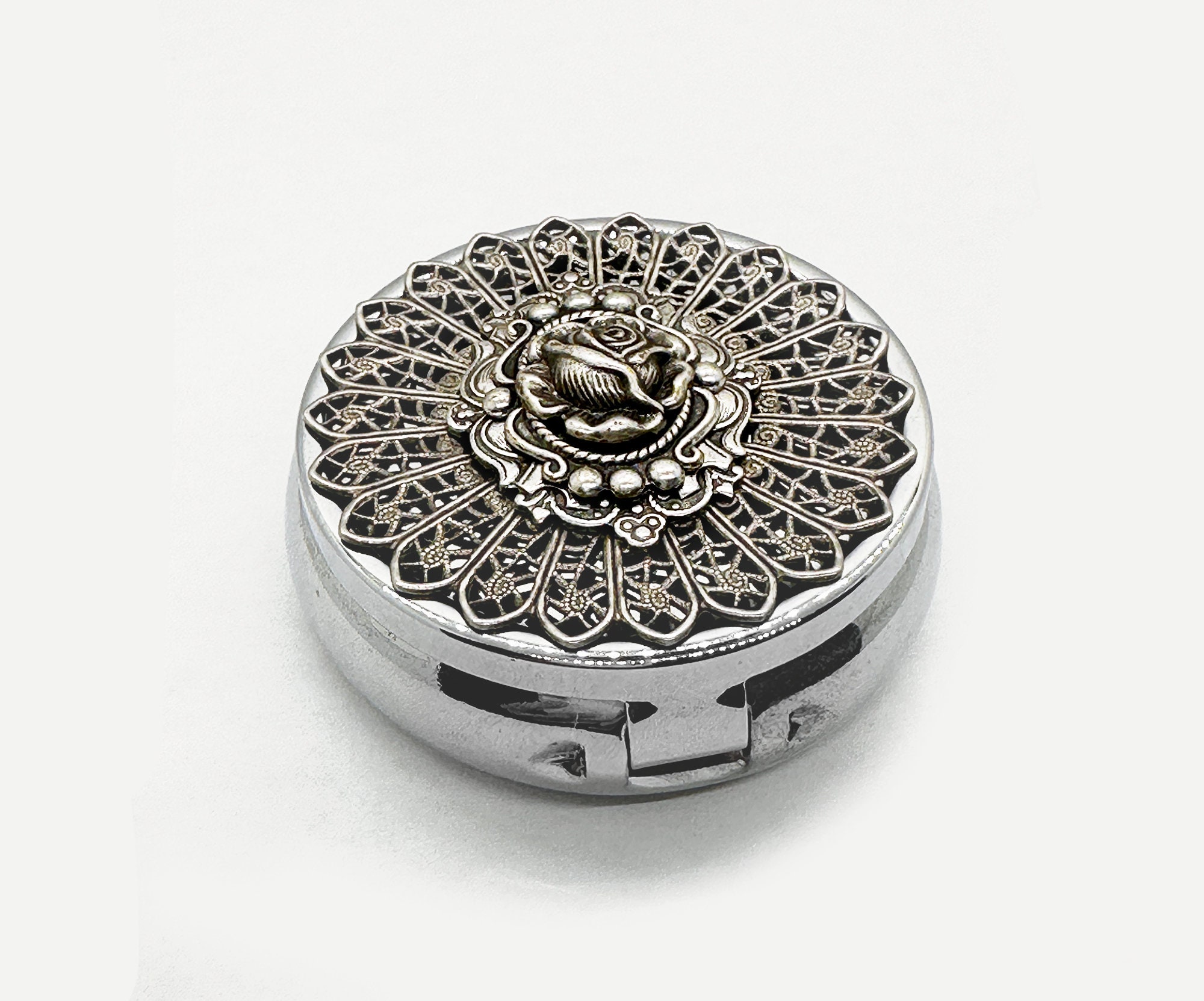 Antique-style Silver Rose Pill Box, Elegant Victorian-style Medication ...