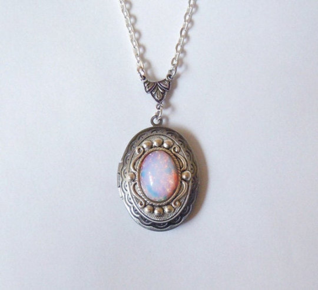 Silver Oval Locket. Pink Fire Opal Necklace. Photo Locket. Opal Locket ...