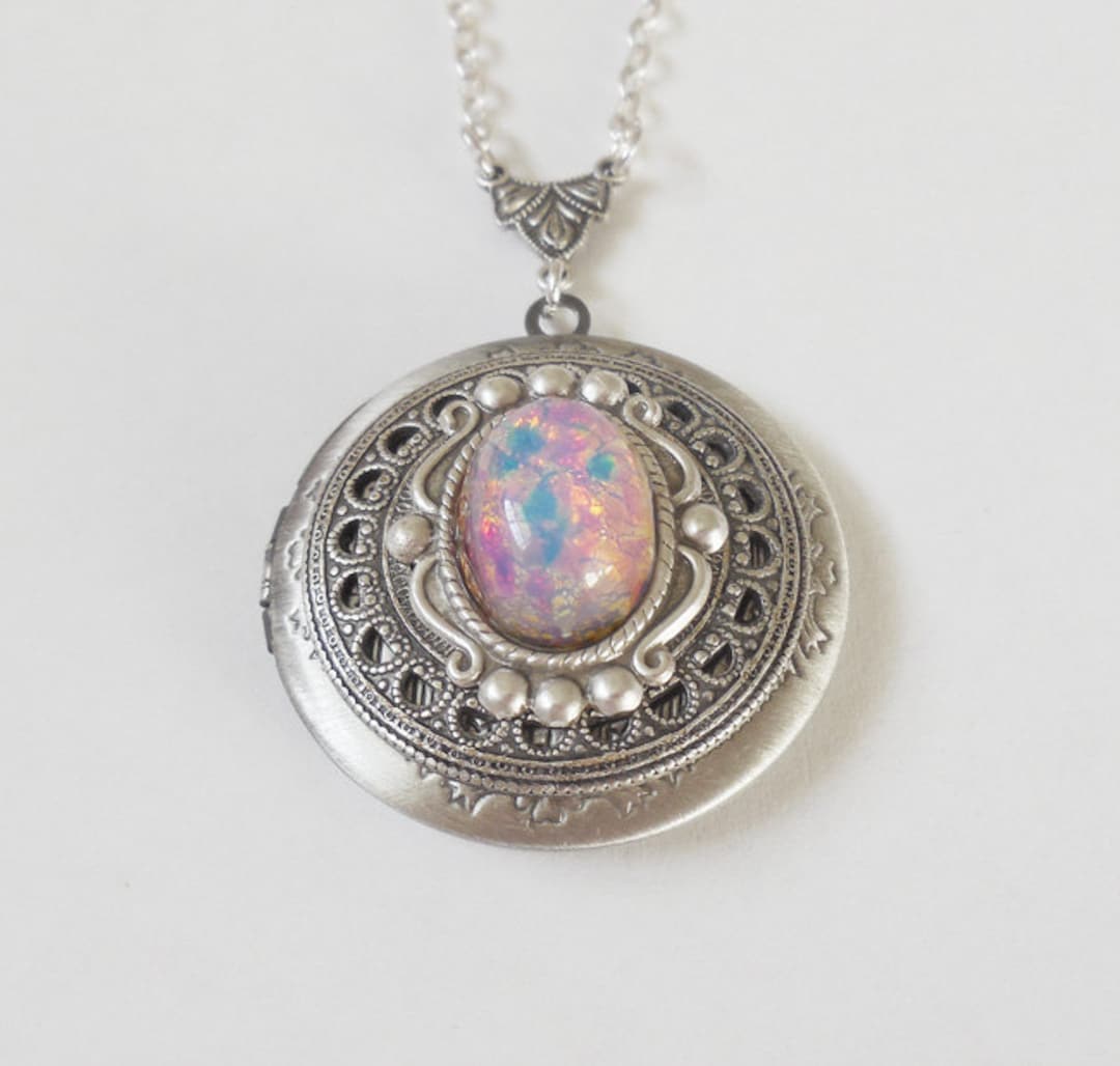 Silver Locket Necklace. Pink Fire Opal Necklace. Photo Locket. Opal ...