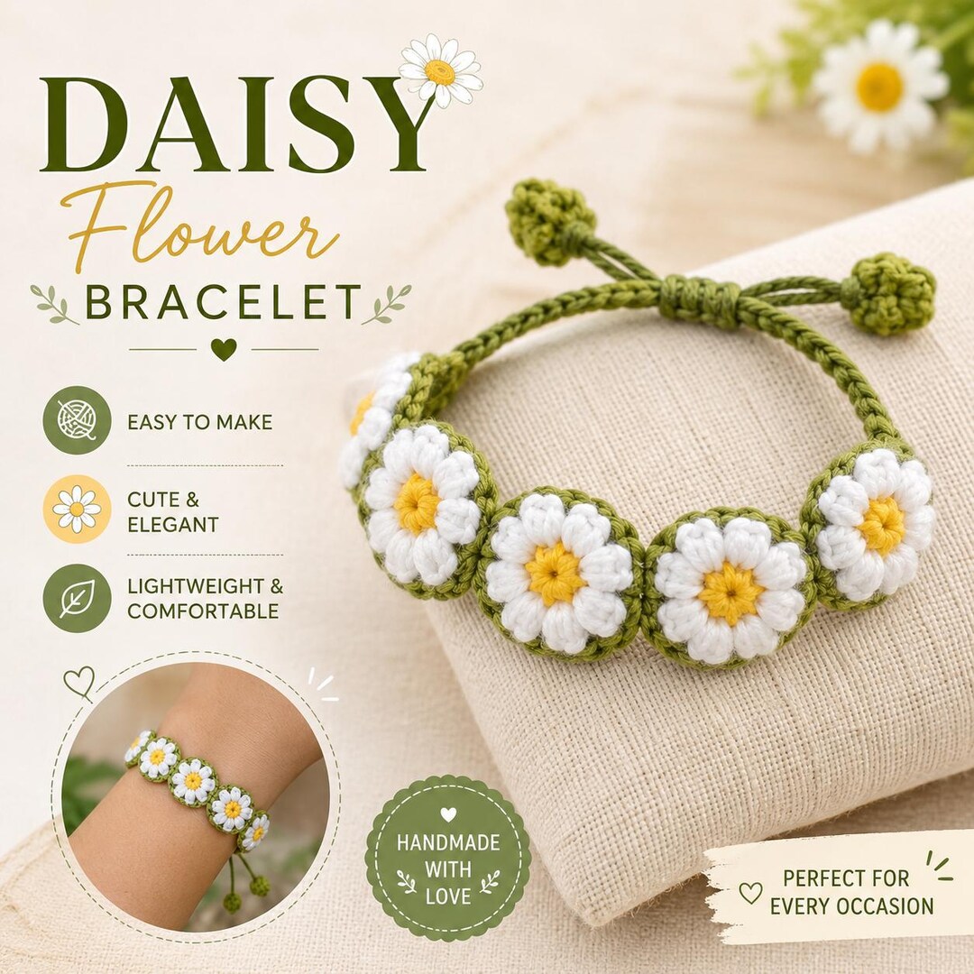 Crochet Daisy Bracelet Pattern, Adjustable Floral Jewelry (PDF Pattern ...