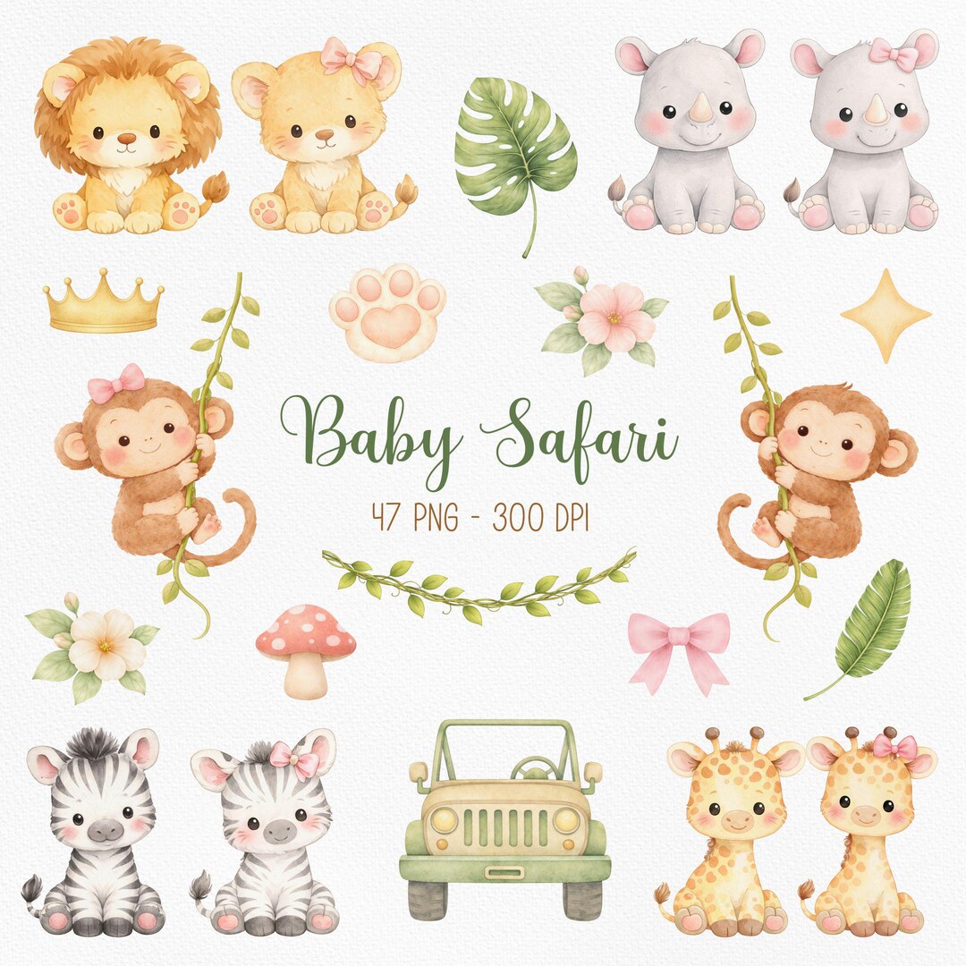 Cute Safari Clipart Watercolor, Safari Animals Png, Safari Animals ...