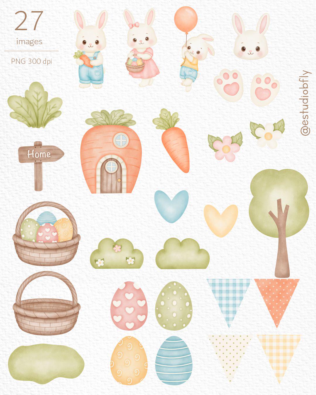 Easter Bunny Clipart Set Watercolor, Cute Easter Clipart Watercolor ...