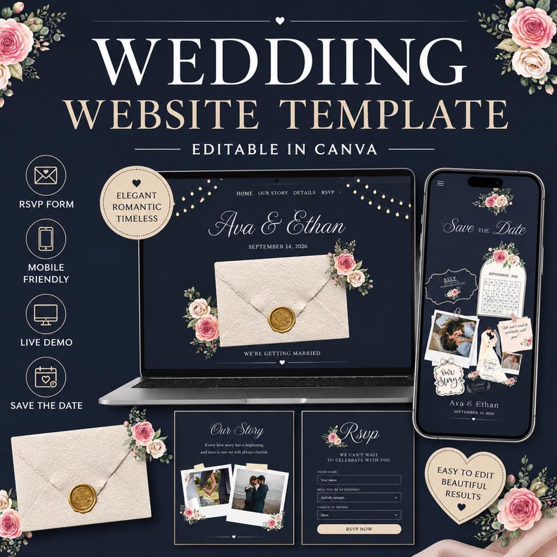 Wedding Website Template Canva, Editable Save the Date Website, RSVP ...