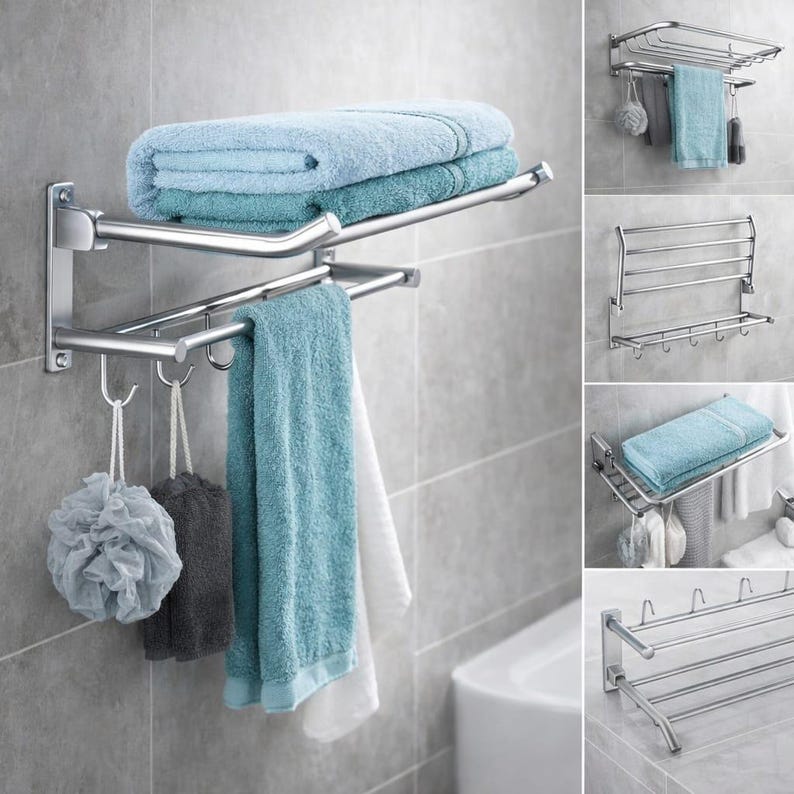 Brushed Brass Wall Mounted Towel Rack With Hooks, Modern Luxury Bath ...
