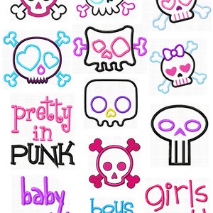 SALE! Cute Punk Skulls Girly Embroidery Machine Embroidery APPLIQUE Set ...