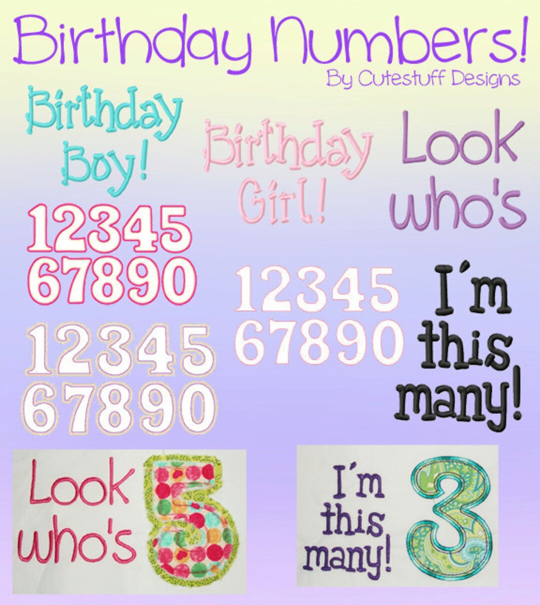 Birthday Numbers Candle Machine Embroidery Applique Set by Cutestuff ...