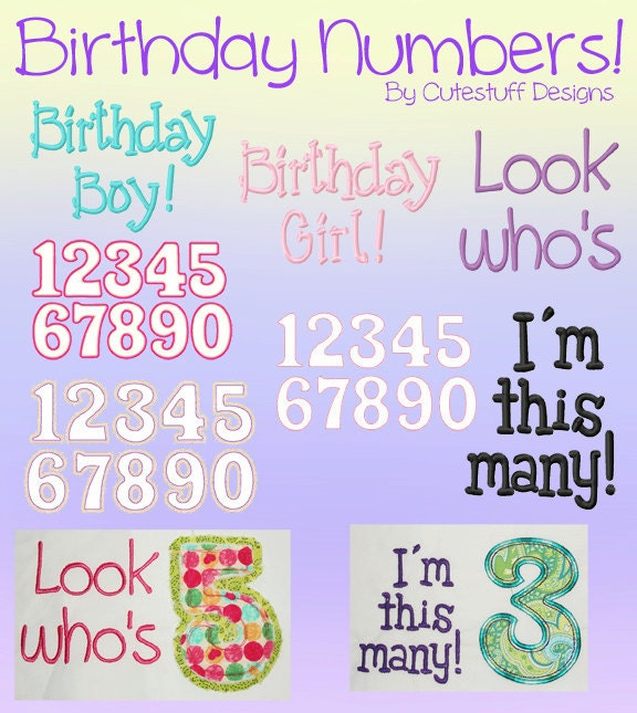 Birthday Numbers Candle Machine Embroidery Applique Set by Cutestuff ...
