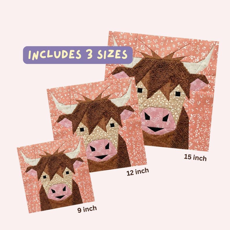 Highland Cow Quilt Pattern Modern FPP Foundation Paper Piecing Block ...