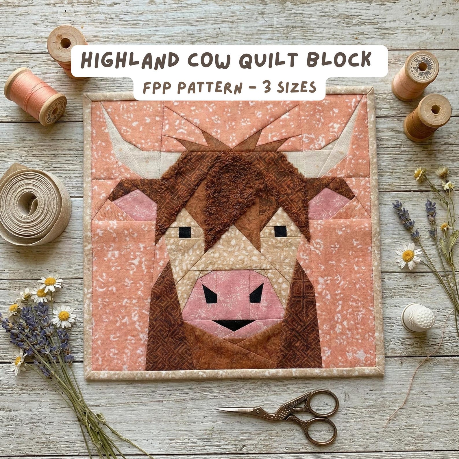 Highland Cow Quilt Pattern Modern FPP Foundation Paper Piecing Block ...