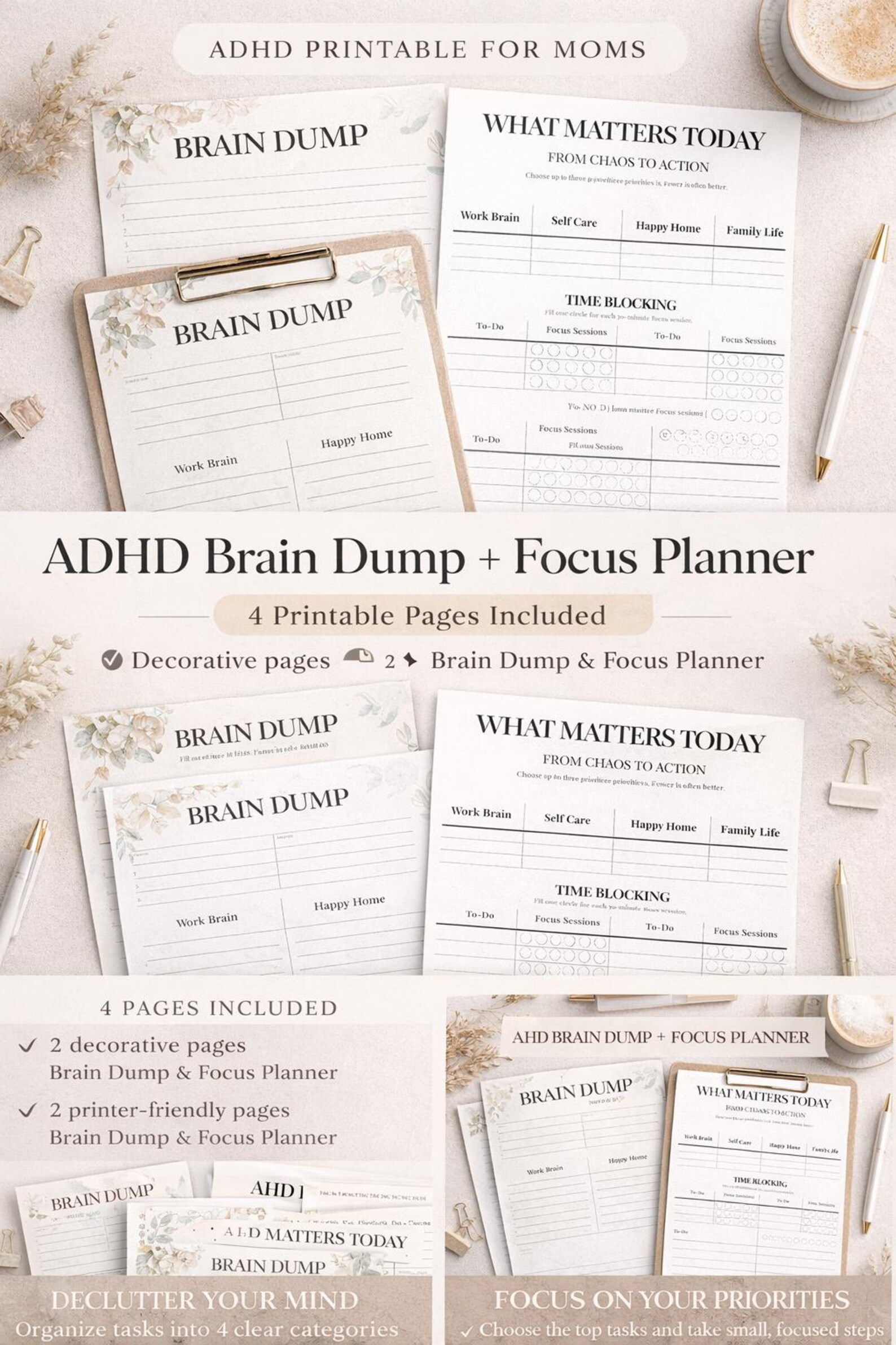 ADHD Planner Bundle Printable, Brain Dump, Focus System for Moms ...