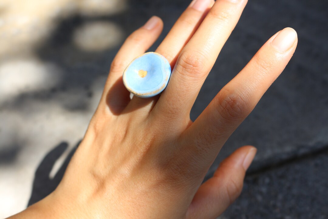 Handmade Ceramic Ring, Blue Dish Statement Ring, Size 5.5, Round Blue ...