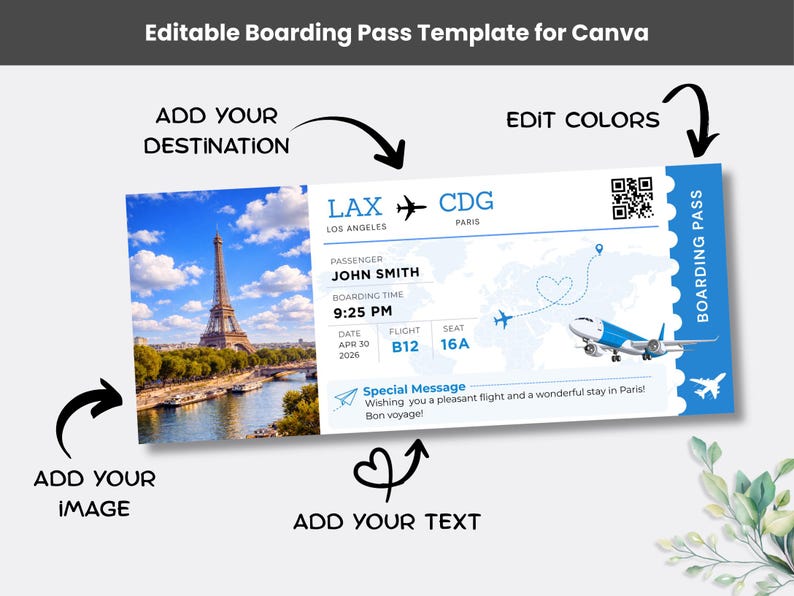 Custom Boarding Pass Template, Printable Personalized Airline Ticket ...