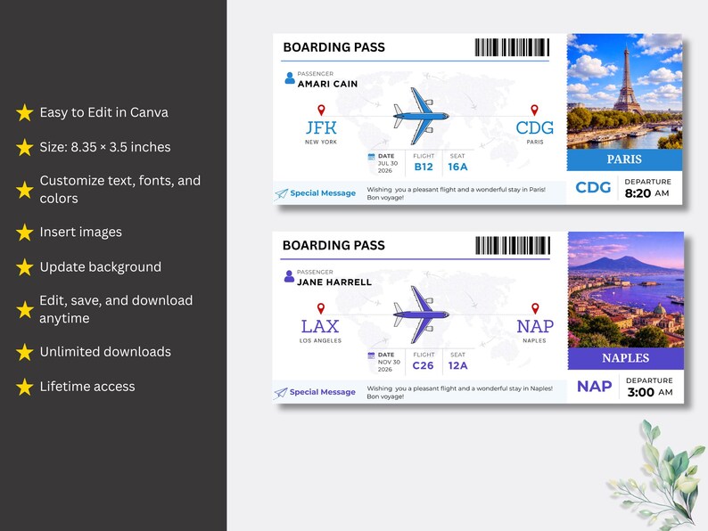 Editable Boarding Pass Canva Template, Printable Airplane Ticket ...