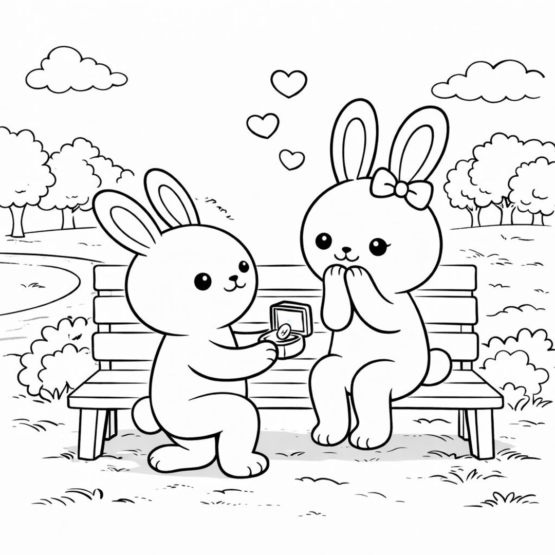 Valentine Rabbit Proposal Coloring Page - Simple Line Art (PDF Download ...
