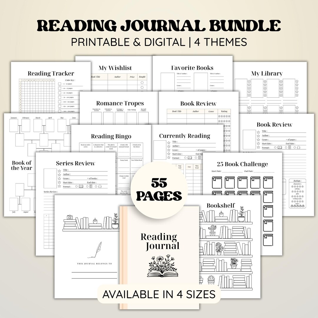 Reading Journal Bundle, 55 Page Reading Tracker, Book Log & Review ...