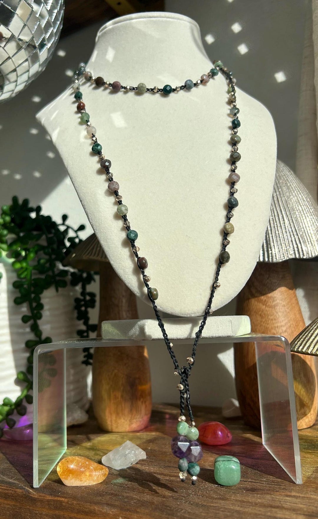 Jasper Gemstone Necklace, Beaded Crochet Wrap Lariat, Handmade Festival ...