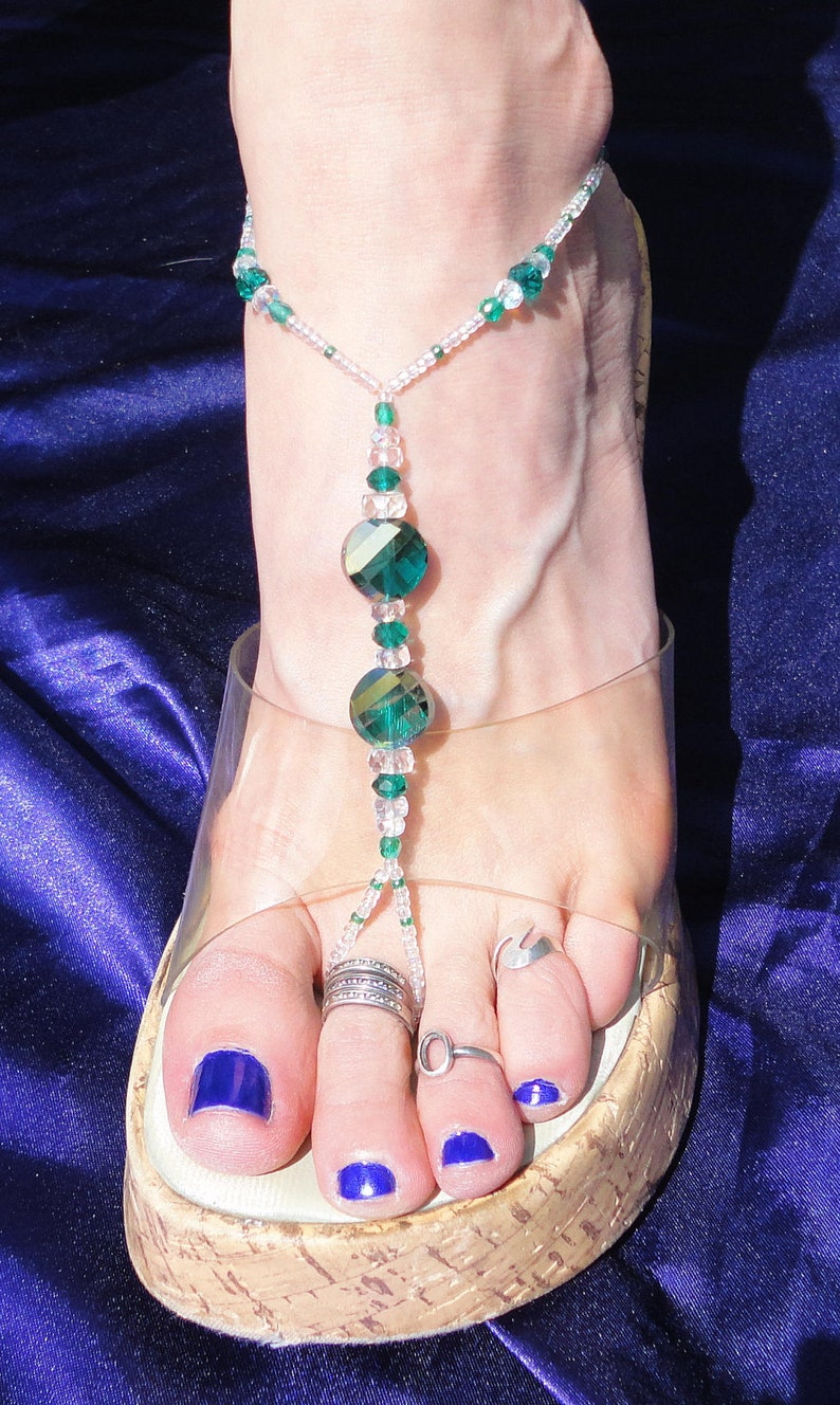 Anklet Attached to Toe Ring, Teal and Clear Rainbow Faceted Glass, Full ...