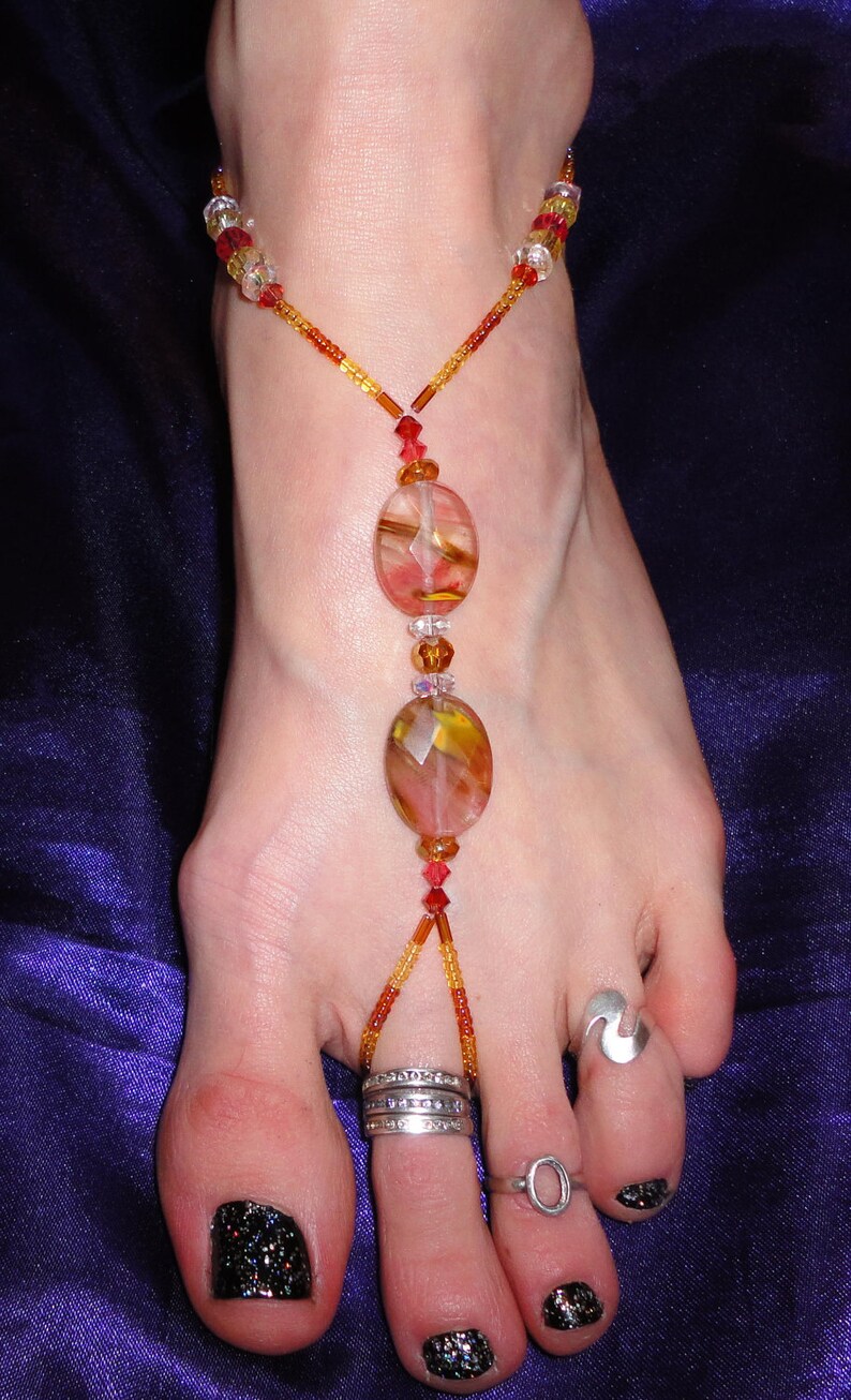 Full Foot Jewelry, Anklet With Attached Toe Ring, Faceted Tiger Skin ...