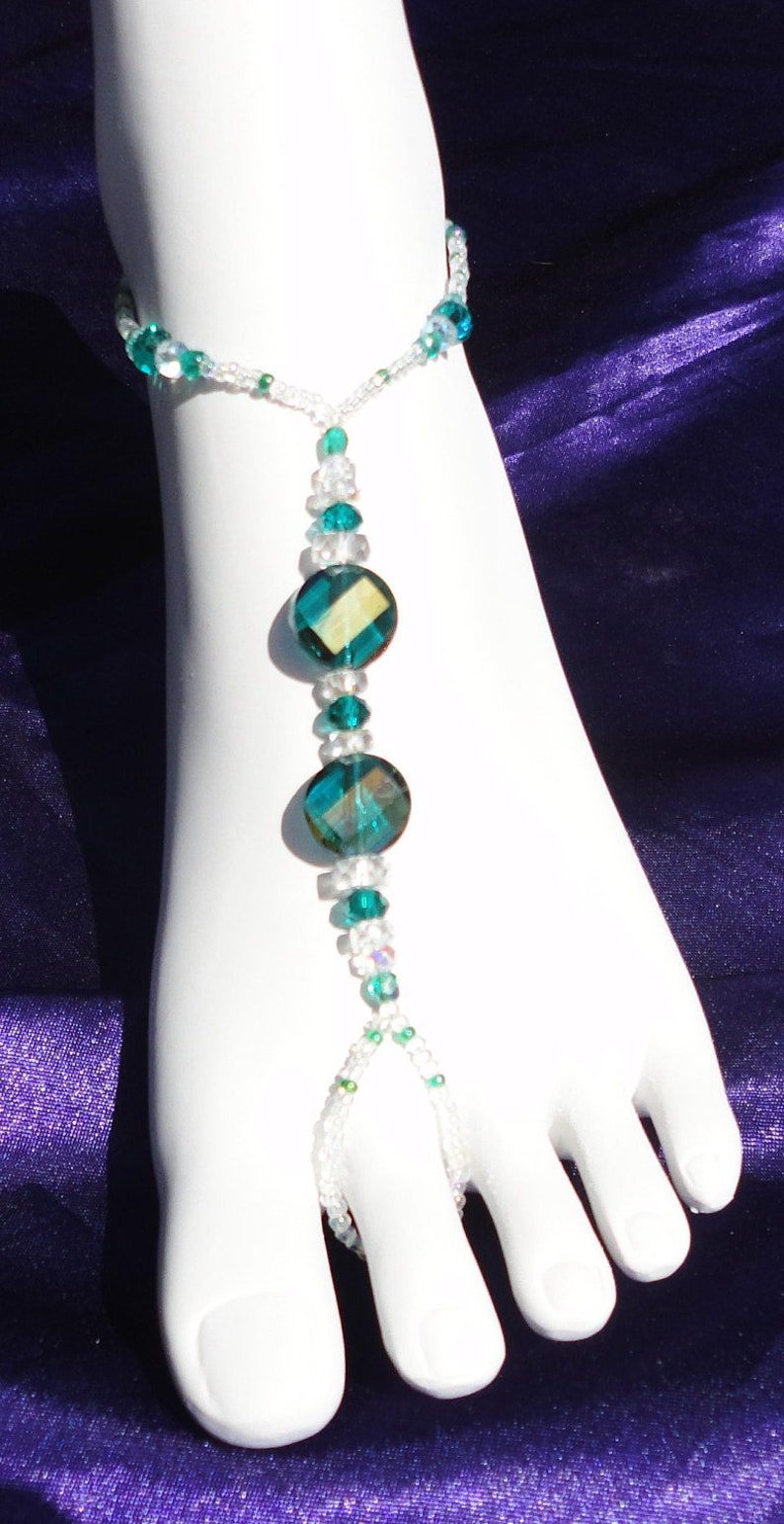 Anklet Attached to Toe Ring, Teal and Clear Rainbow Faceted Glass, Full ...