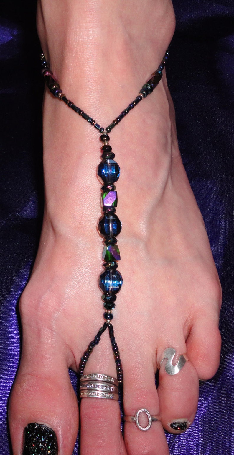 Full Foot Jewelry, Anklet Attached to Toe Ring, Rainbow and Blue ...